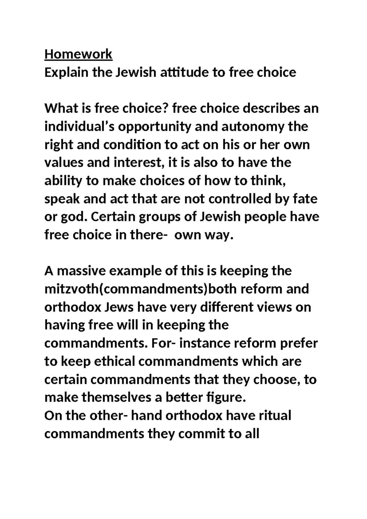 Jewish Perspectives on Free Choice: Mitzvoth & Autonomy (9y1-js) - Studocu