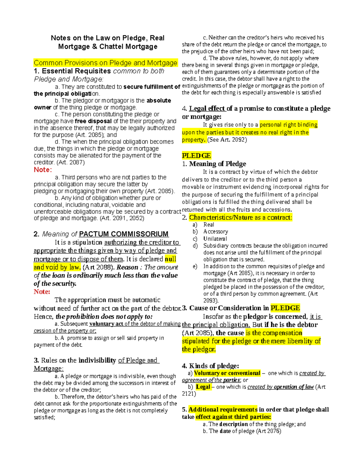 Pledge and Mortgage: Key Concepts and Legal Provisions (LAW 101) - Studocu
