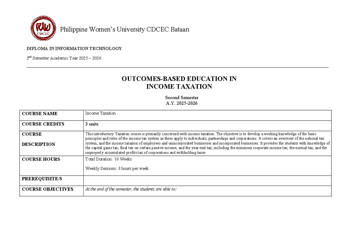 Income Taxation Syllabus - CDCEC Bataan - 2nd Sem A.Y. 2025-2026 - Studocu