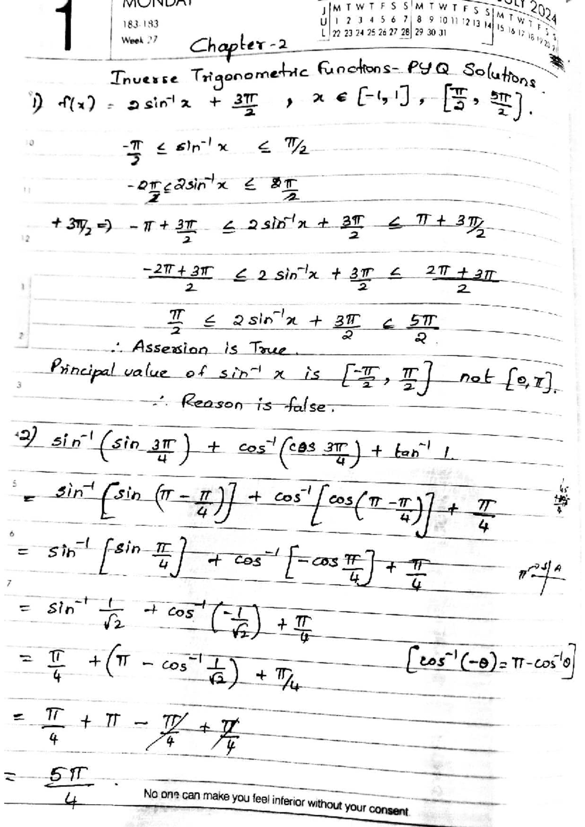 Inverse Trigonometric Functions PYQ Solutions for MTWTFSS 1234567 - Studocu