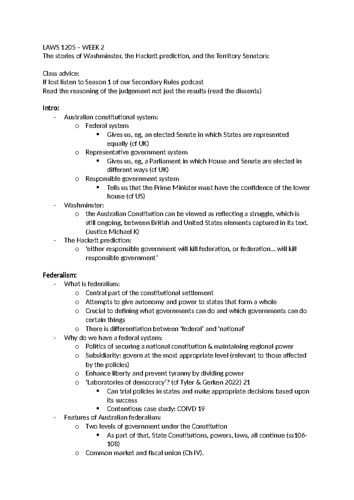 LAWS 1205 – Week 2: Insights on Washminster and Federalism - Studocu