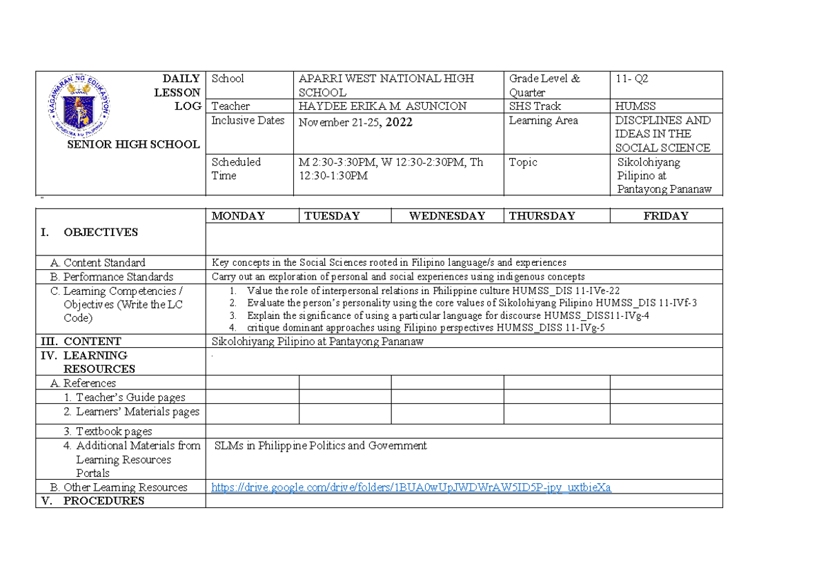 DISS DLL 2 - Daily Lesson Log for HUMSS (Nov 21-25, 2022) - Studocu