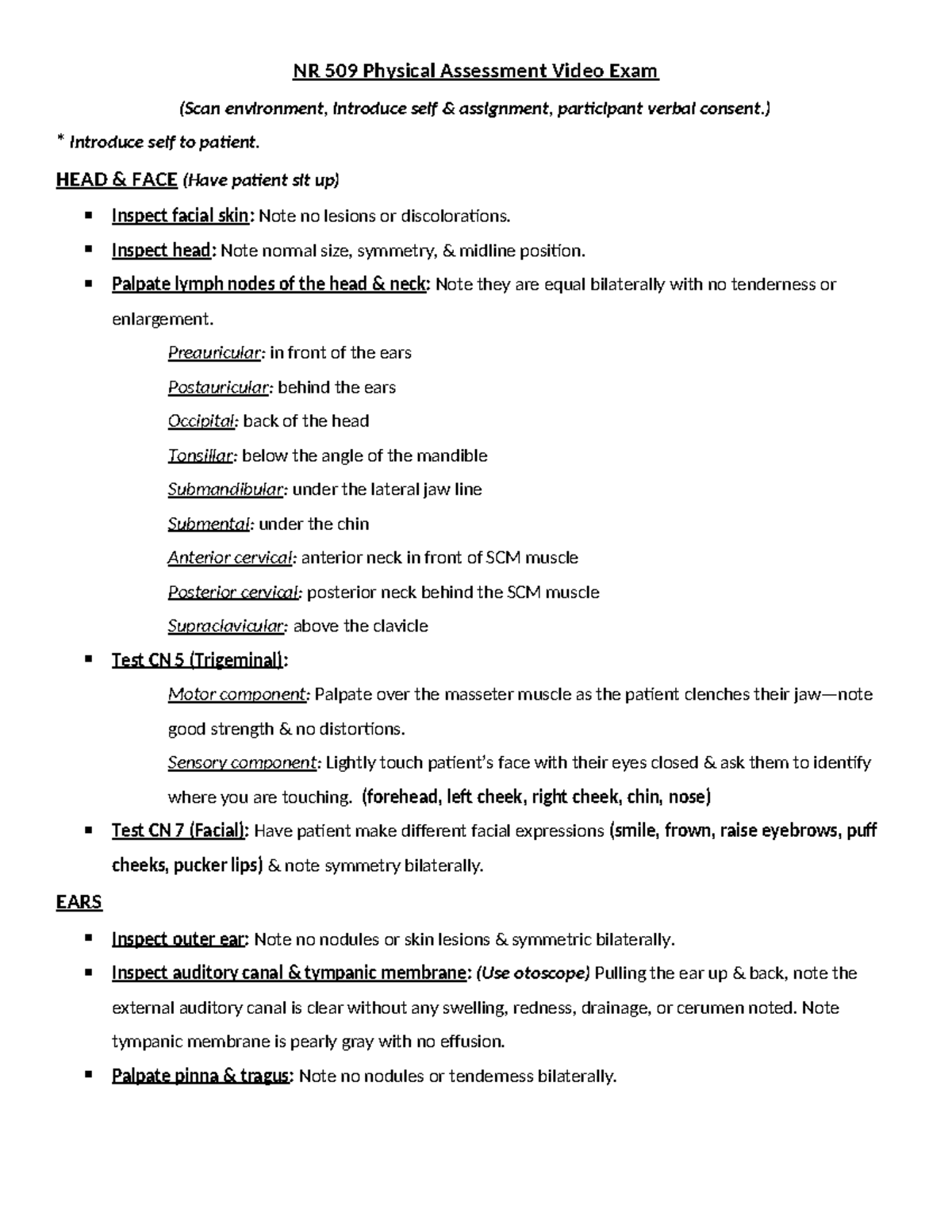 NR 509 Physical Assessment Video Exam Outline - May 2023 - Studocu