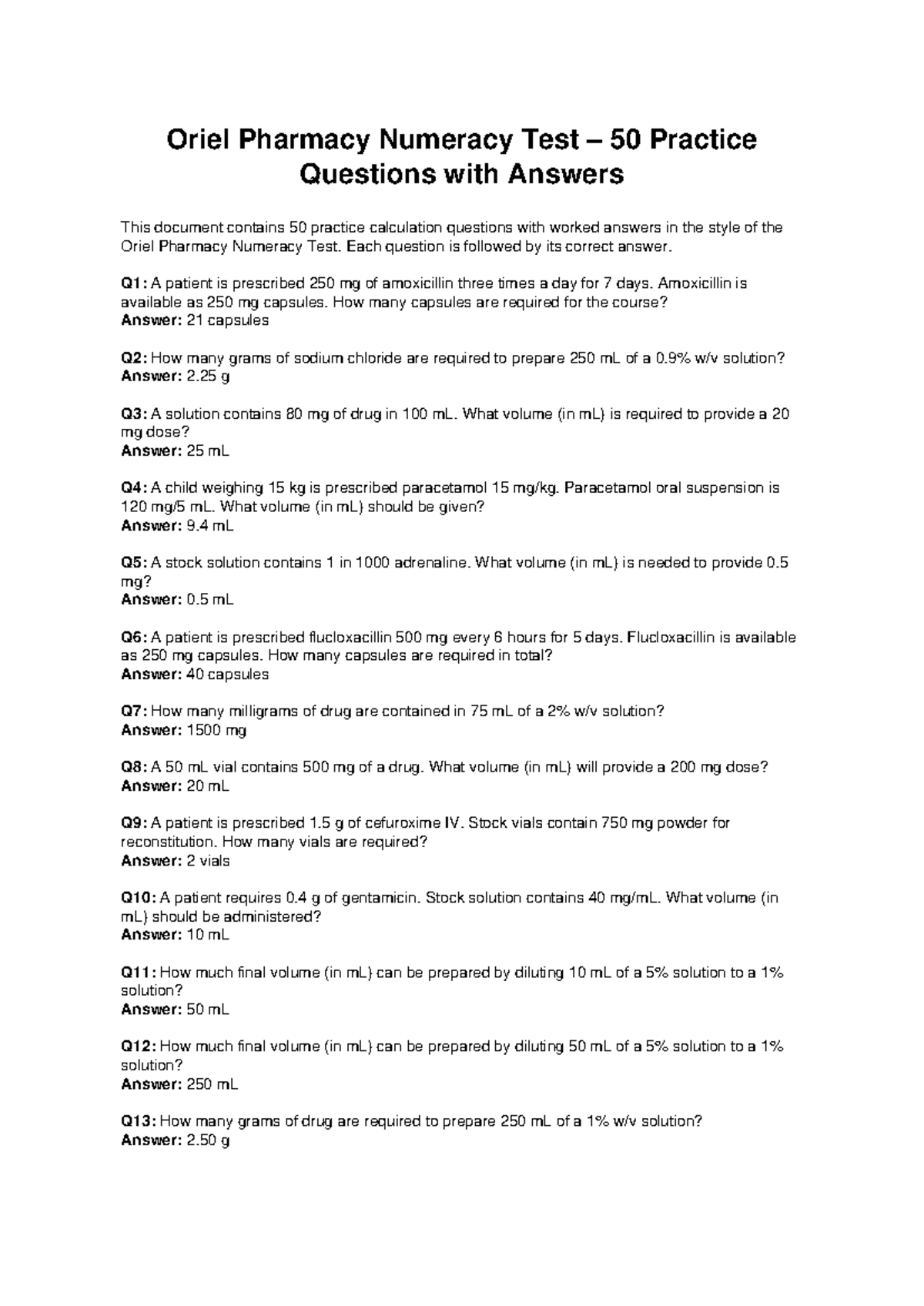Oriel Pharmacy Numeracy Test: 50 Calculation Questions & Answers - Studocu