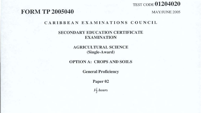 CSEC Agri Science SA June 2005 P2 Crops and Soils - TEST CO DE 01204020 ...