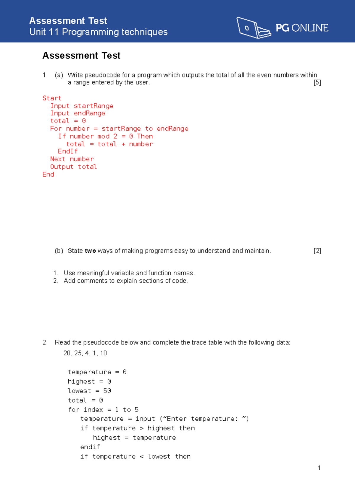 Unit 11 Programming Techniques - Assessment Test 1 Practice - Studocu