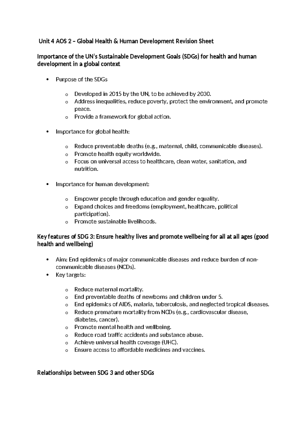U4 AOS 2 Global Health & Human Development Revision Sheet - Studocu