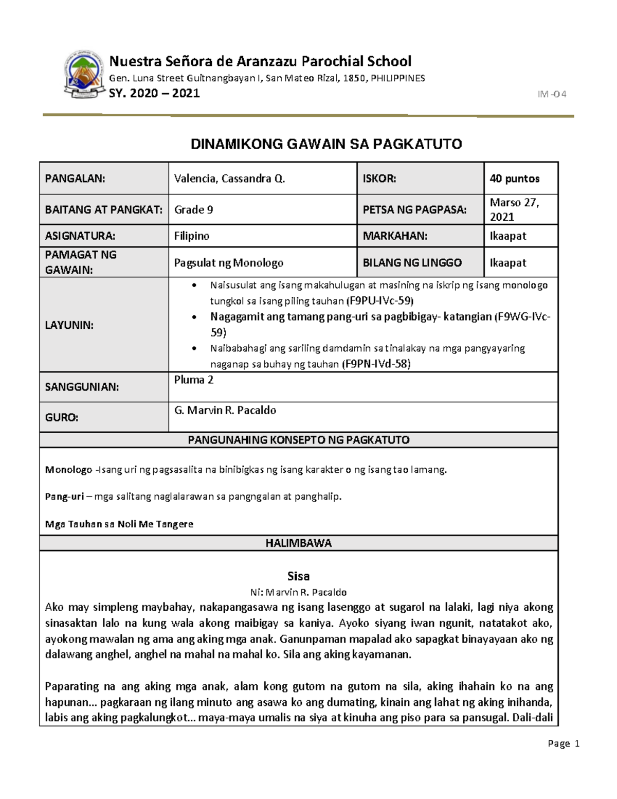 PAGSULAT NG MONOLOGO - Nuestra Señora de Aranzazu Parochial School Gen ...