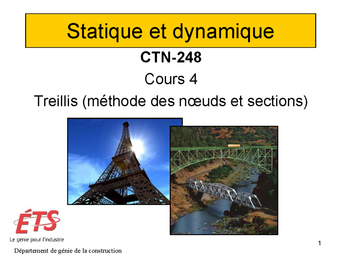 Cours 4: Équilibre des Structures et Méthodes des Treillis - Studocu