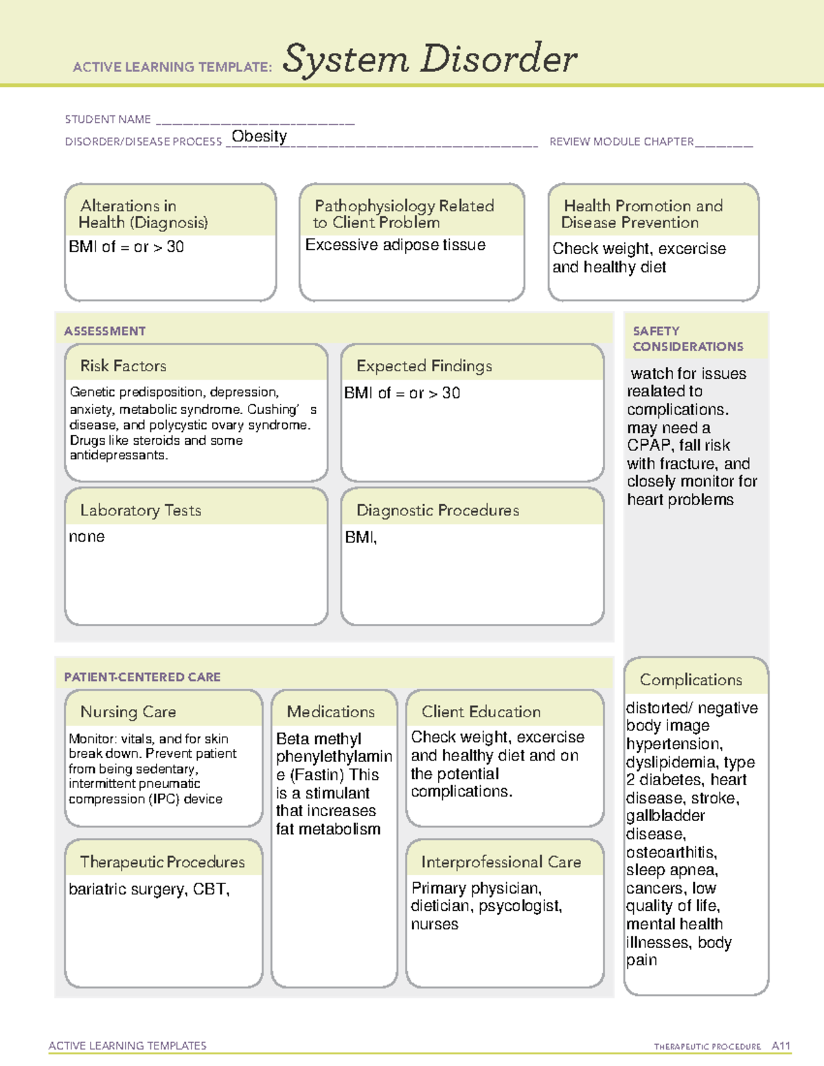 NUR 250: Active Learning Template for Obesity System Disorder - Studocu