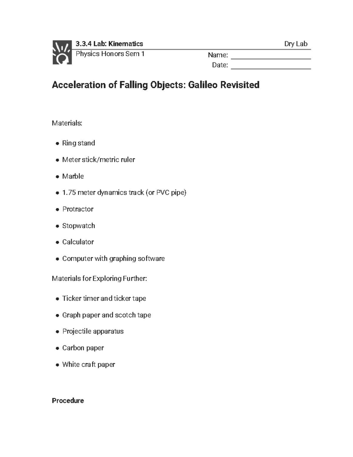Chapter 3 Lab: Kinematics of Falling Objects in Physics Honors Sem 1 ...