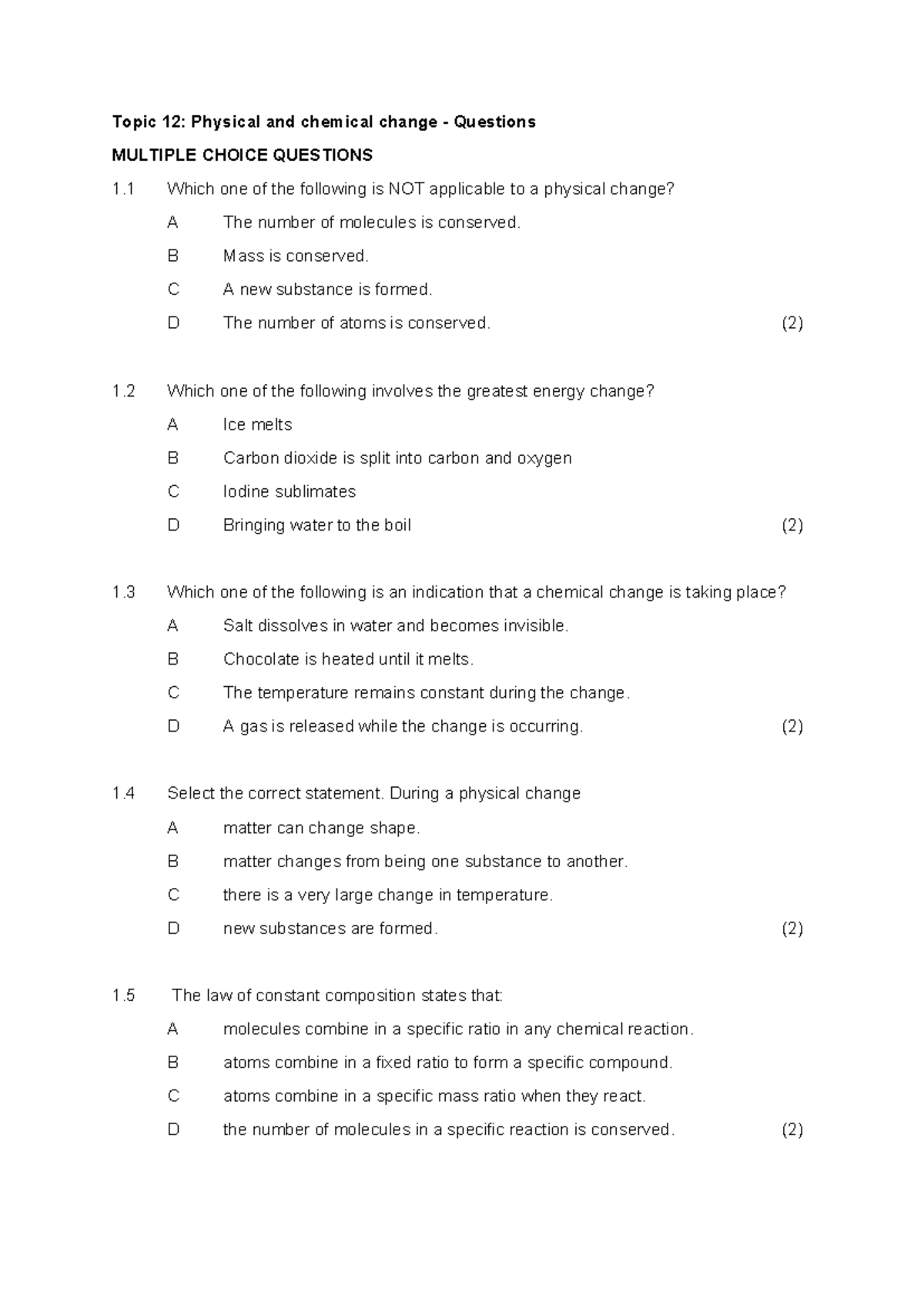 Grade 10 Chemistry Topic 12: Physical & Chemical Changes Assessment ...
