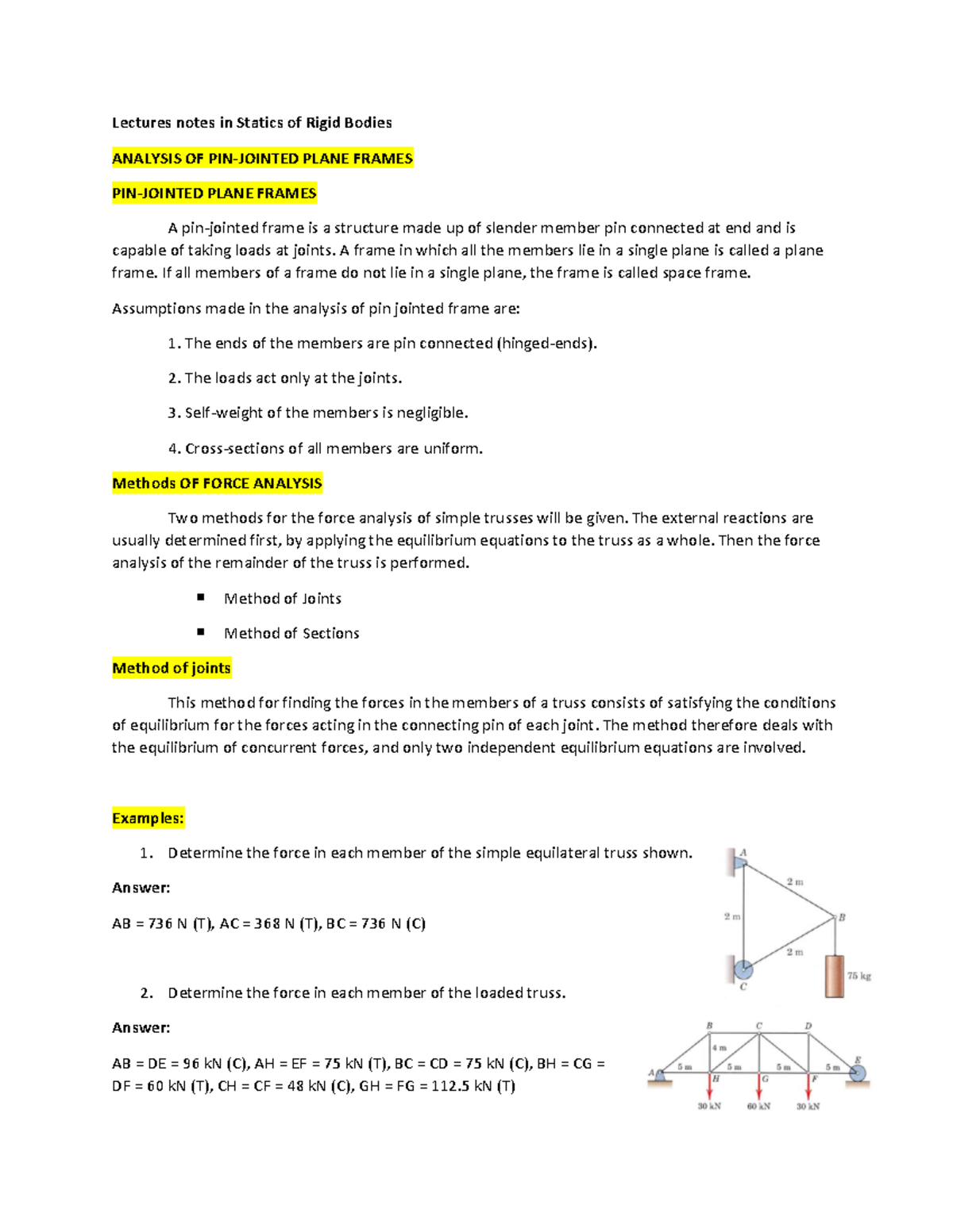 Lecture OF Analysis OF PIN- Jointed Plane Frames - Lectures notes in ...