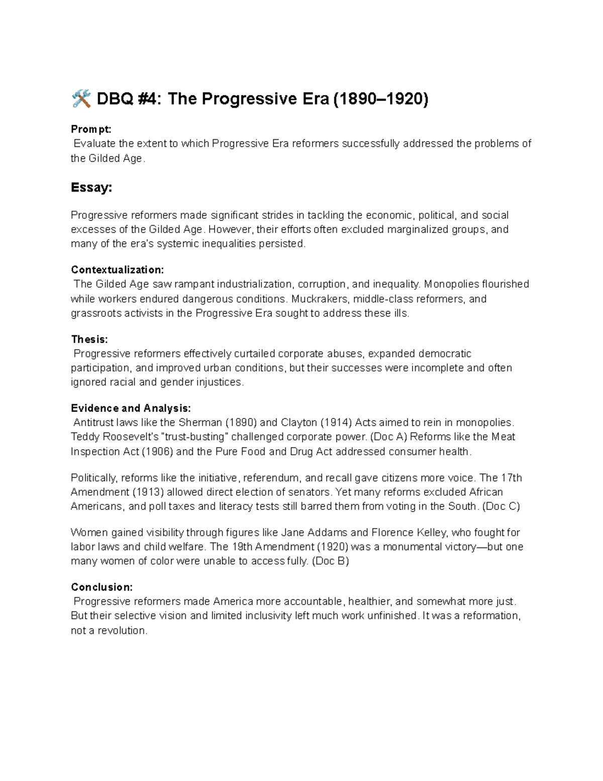 DBQ #4 The Progressive Era (1890–1920): Reformers' Successes ...
