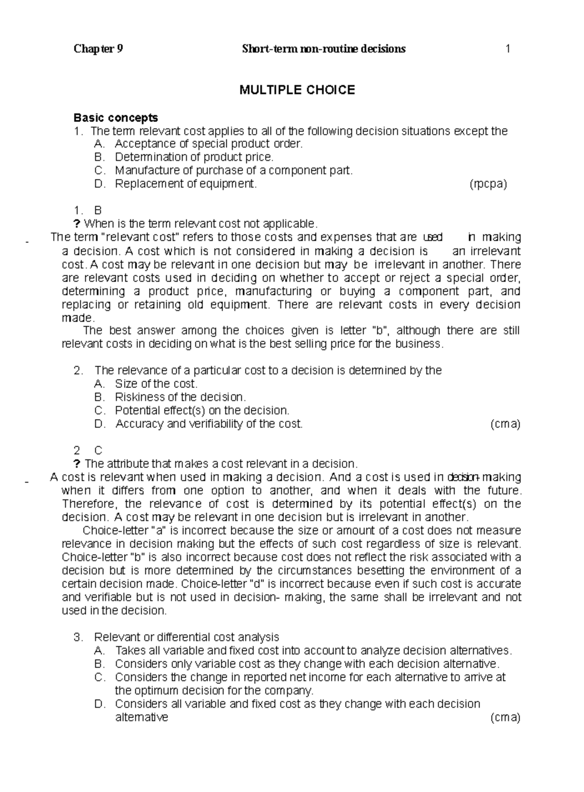 Chapter 9 - Short-term Non-Routine Decisions (Agamata) Quiz Review ...