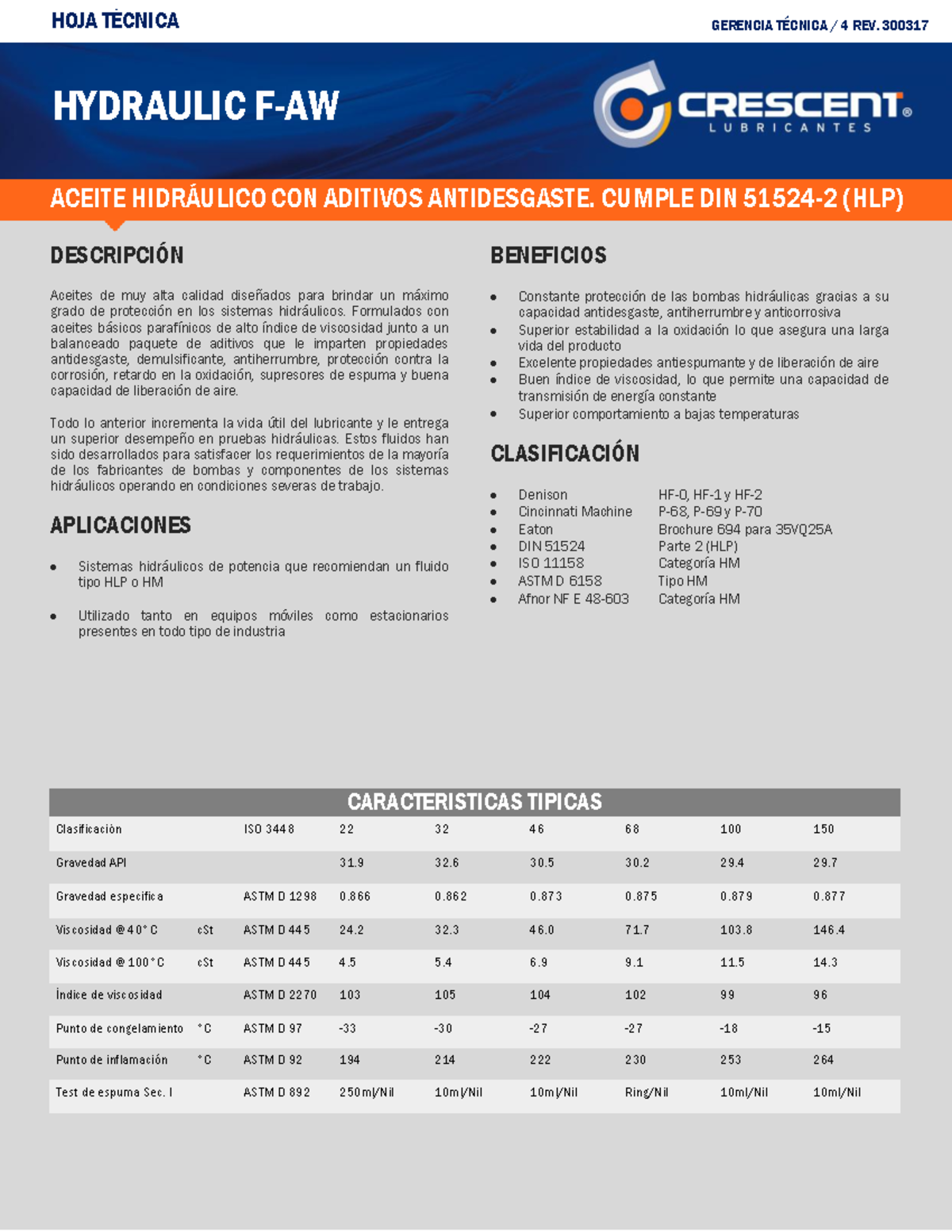 050300 Hydraulic Premium F-AW - CARACTERISTICAS TIPICAS ClasificaciÛn ...