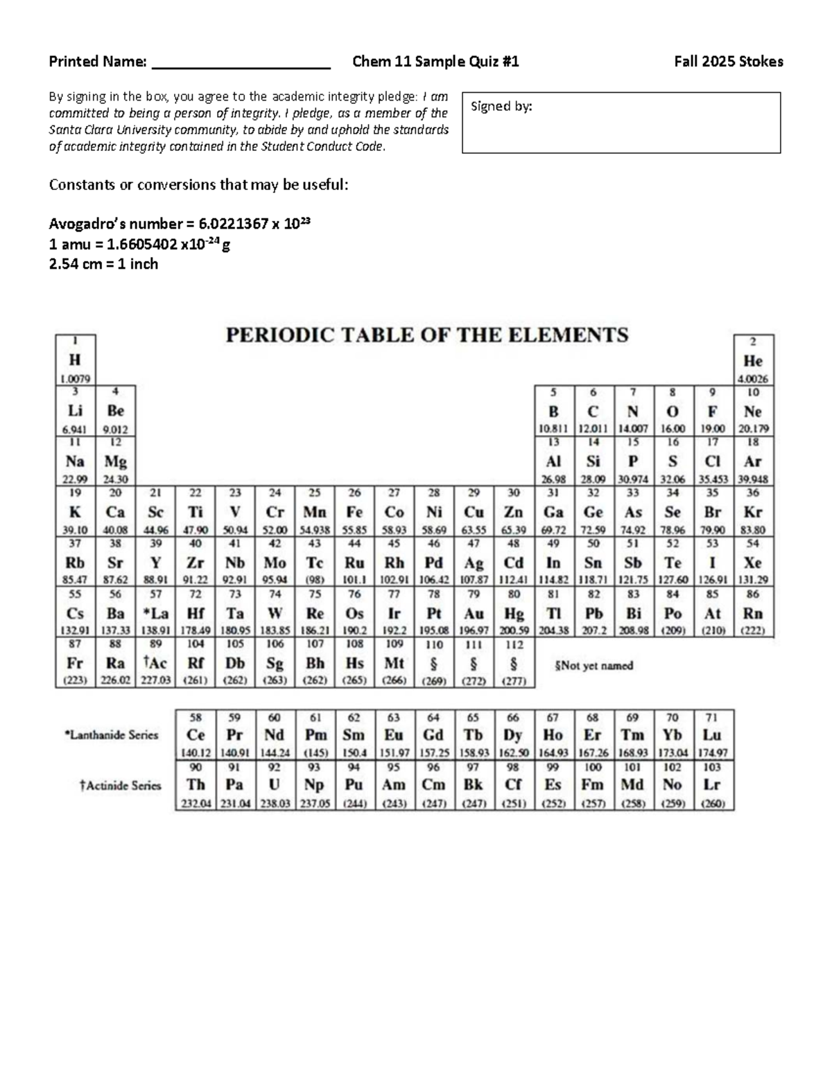 Chem 11 Sample Quiz #1 & #2 - Fall 2025 - Studocu
