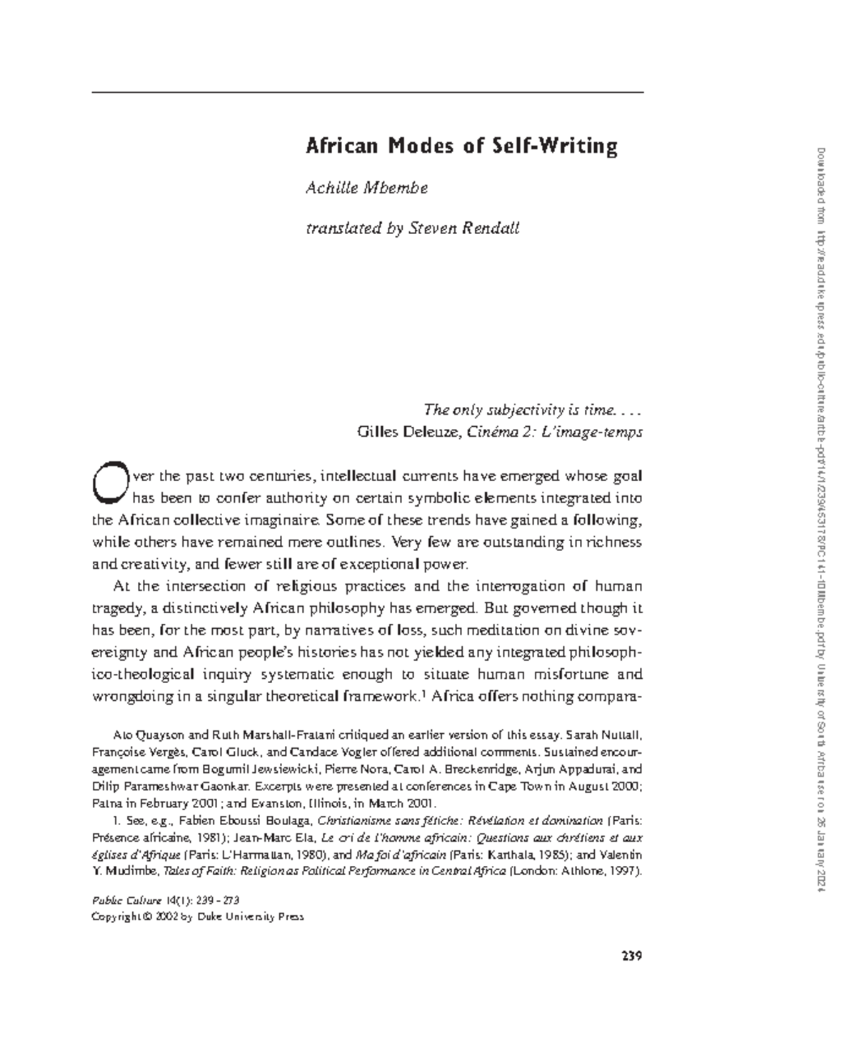 African Modes of Self-Writing: Exploring Subjectivity and Identity ...