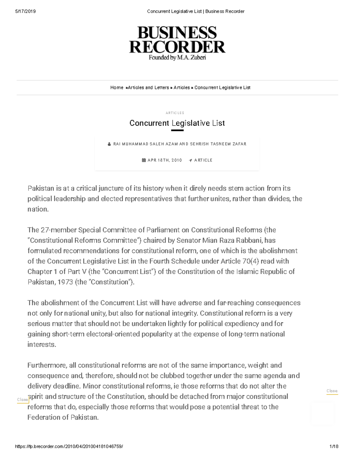 Concurrent Legislative List: Implications for Pakistan's Federalism ...