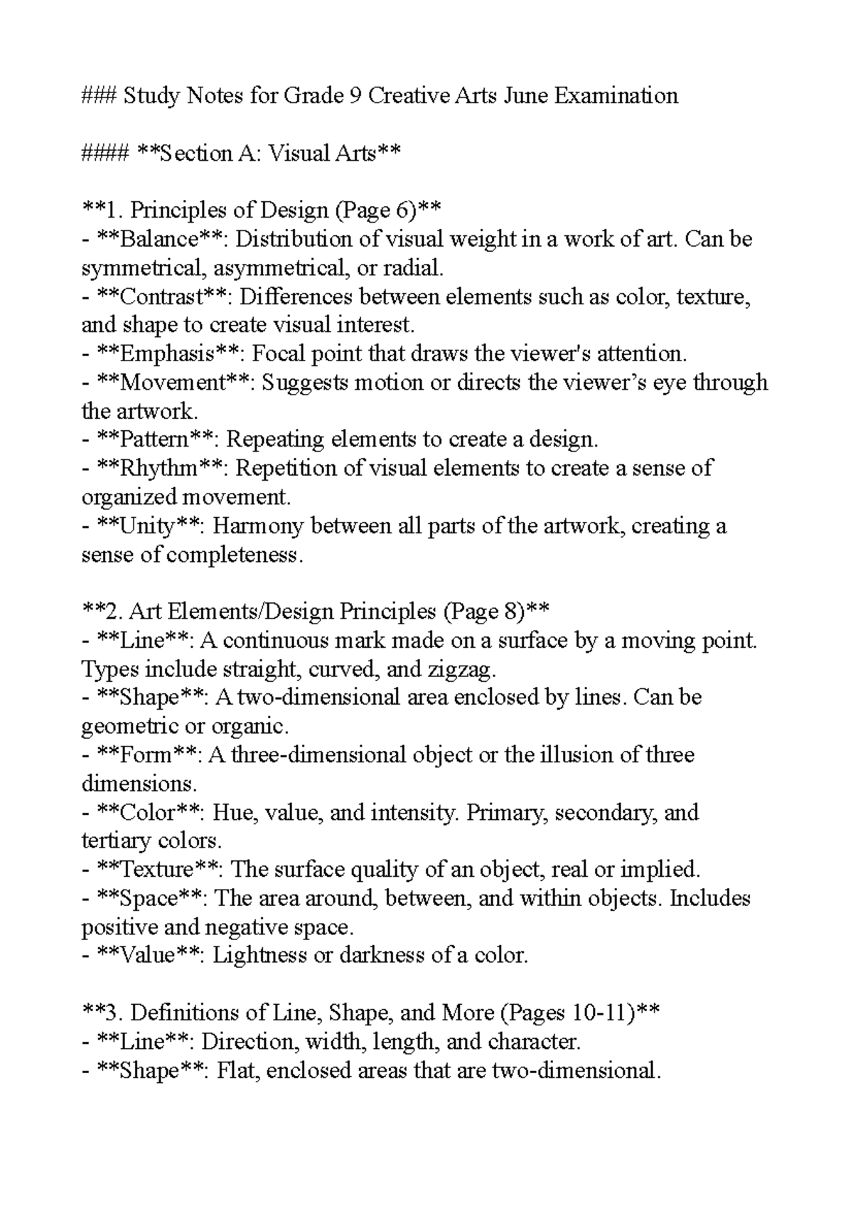 Grade 9 Creative Arts June Exam Revision Notes and Study Guide - Studocu