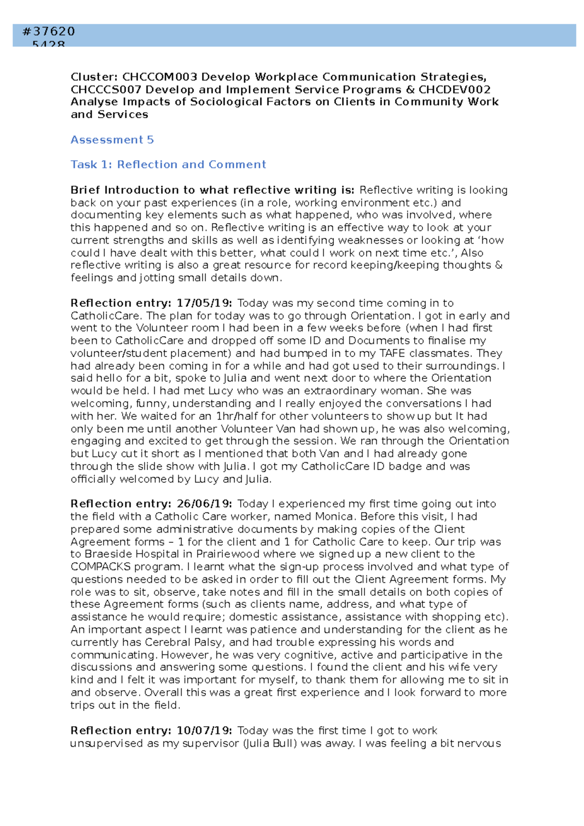 Reflection on Work Placement Experience - Diploma of Community Services ...