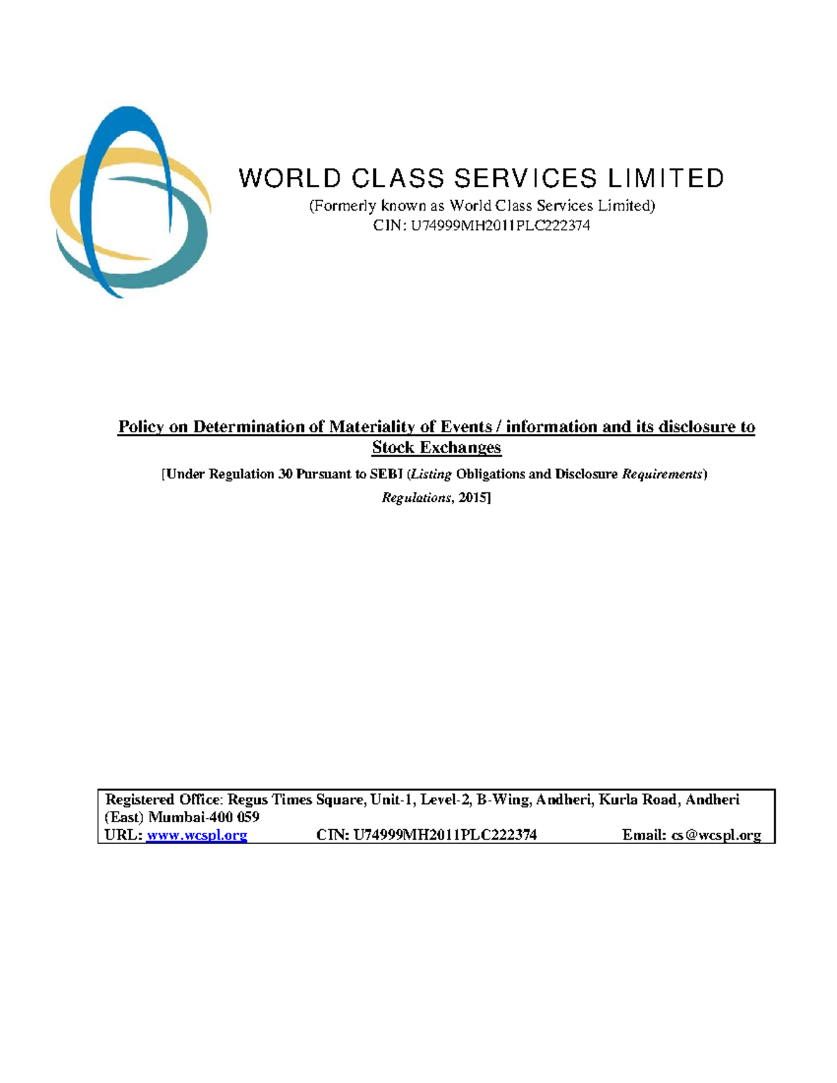 Policy for Determination of Materiality of Events - WORLD CLASS ...