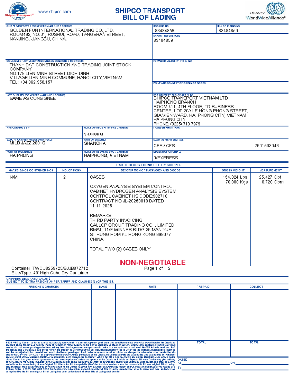 SHIPCO TRANSPORT BILL OF LADING BOL NO. 83484859 - Studocu