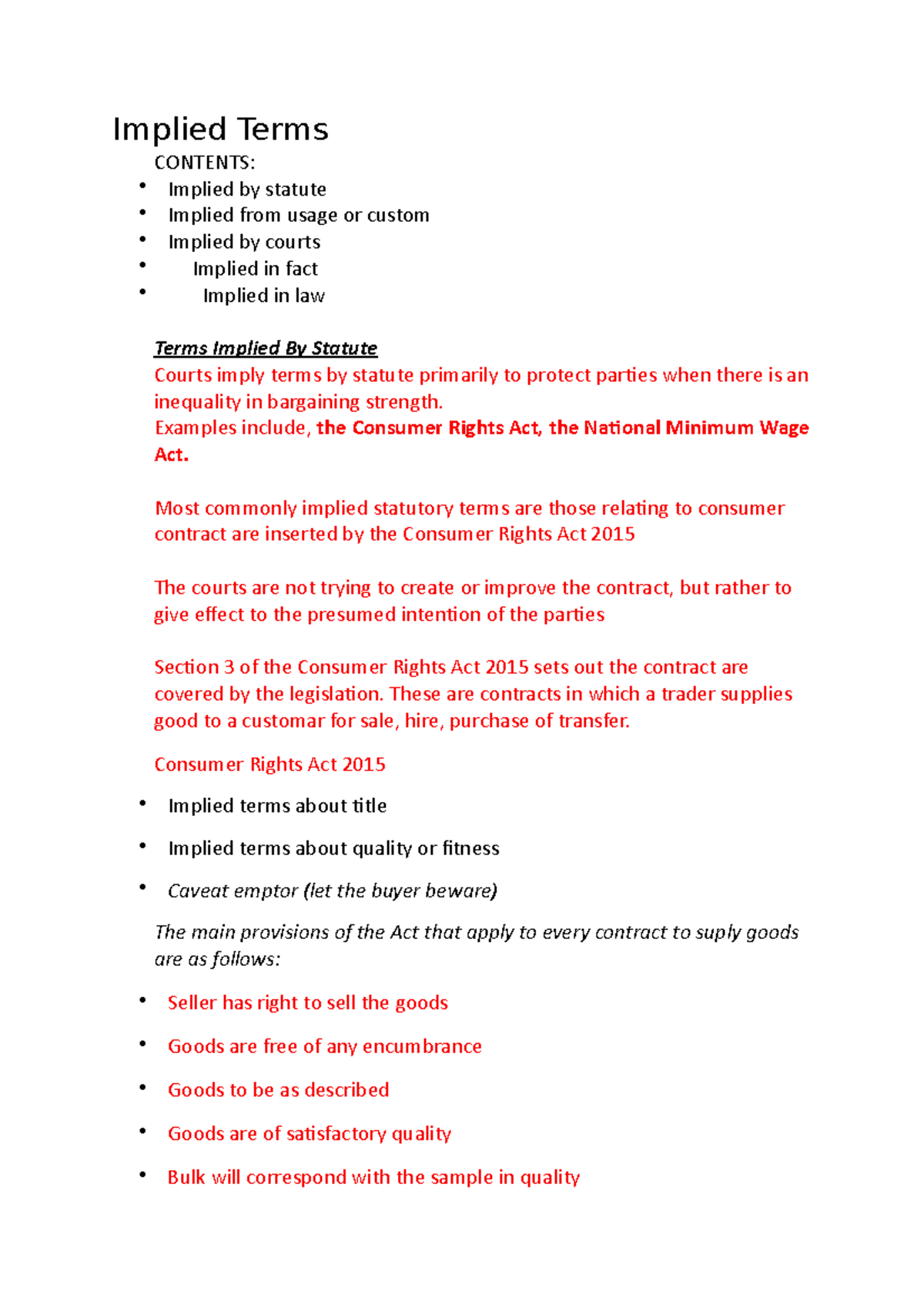 Implied Terms - Comprehensive Lecture Notes on Legal Concepts - Studocu
