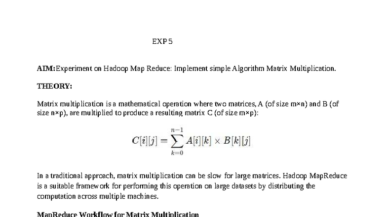 Exp 5 BDA: Hadoop MapReduce for Matrix Multiplication Experiment - Studocu