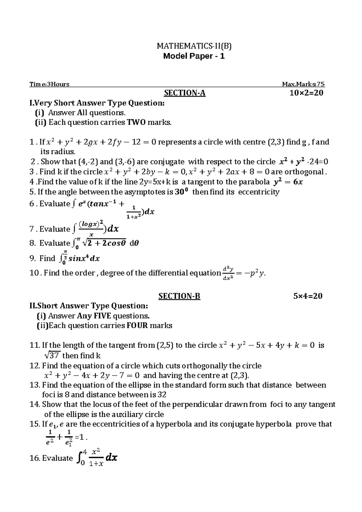Model Paper 1: Sr Maths-IIB - Final Exam (3 Hours, Max Marks: 75) - Studocu