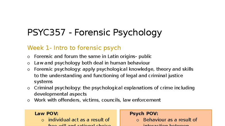 PSYC357 Forensic Psychology Week 1: Intro to Forensic Psych - Studocu