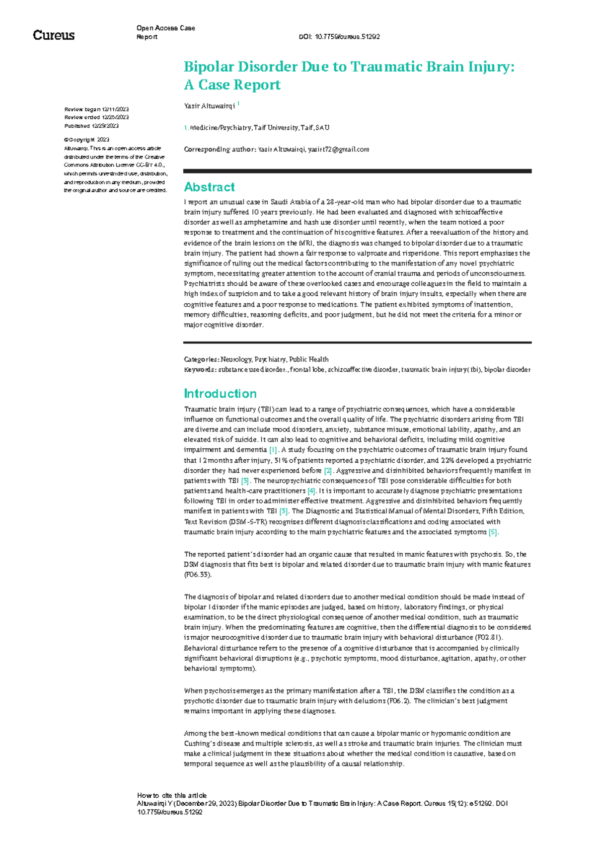 Bipolar disorder due to traumatic brain injury: a case report (CUREUS ...