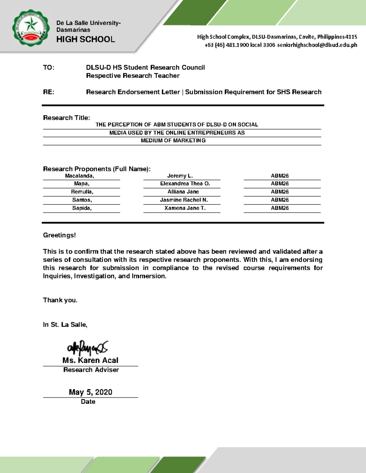 DLSU D SHS Research Endorsement Letter for ABM Study on Social Media ...