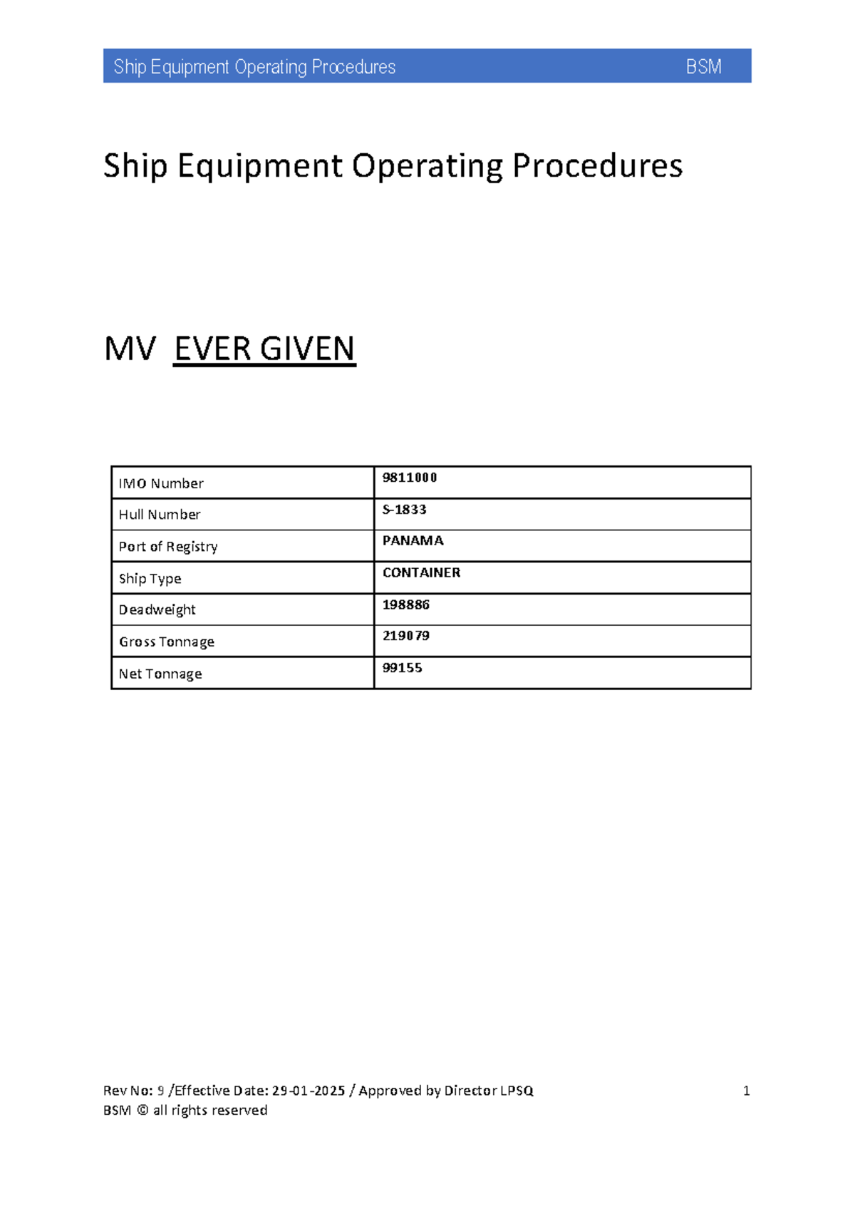 Ship Equipment Operating Procedures SEOP Rev. 9 for MV EVER GIVEN - Studocu
