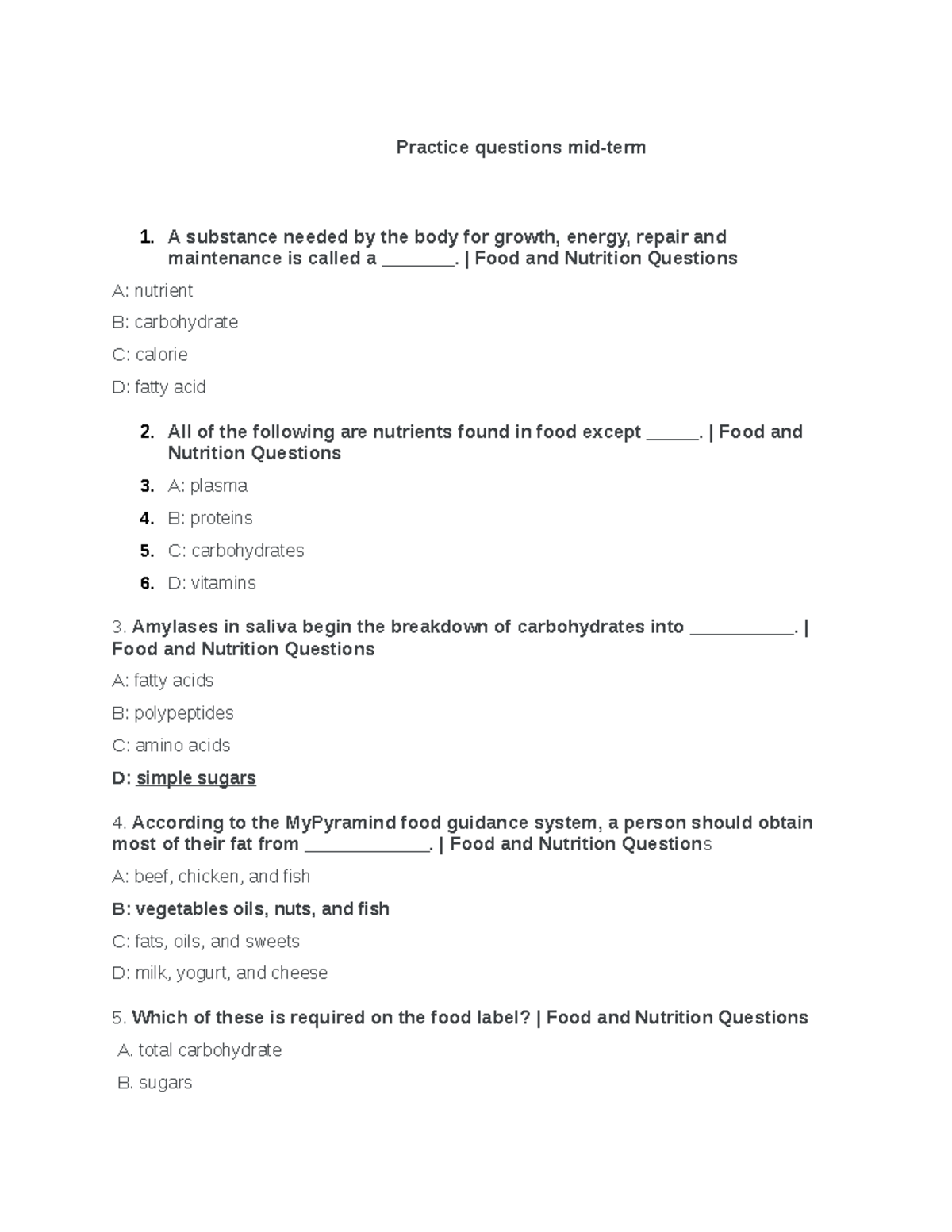 Nutrition Practice Questions Midterm (Course Code: NUT101) - Studocu
