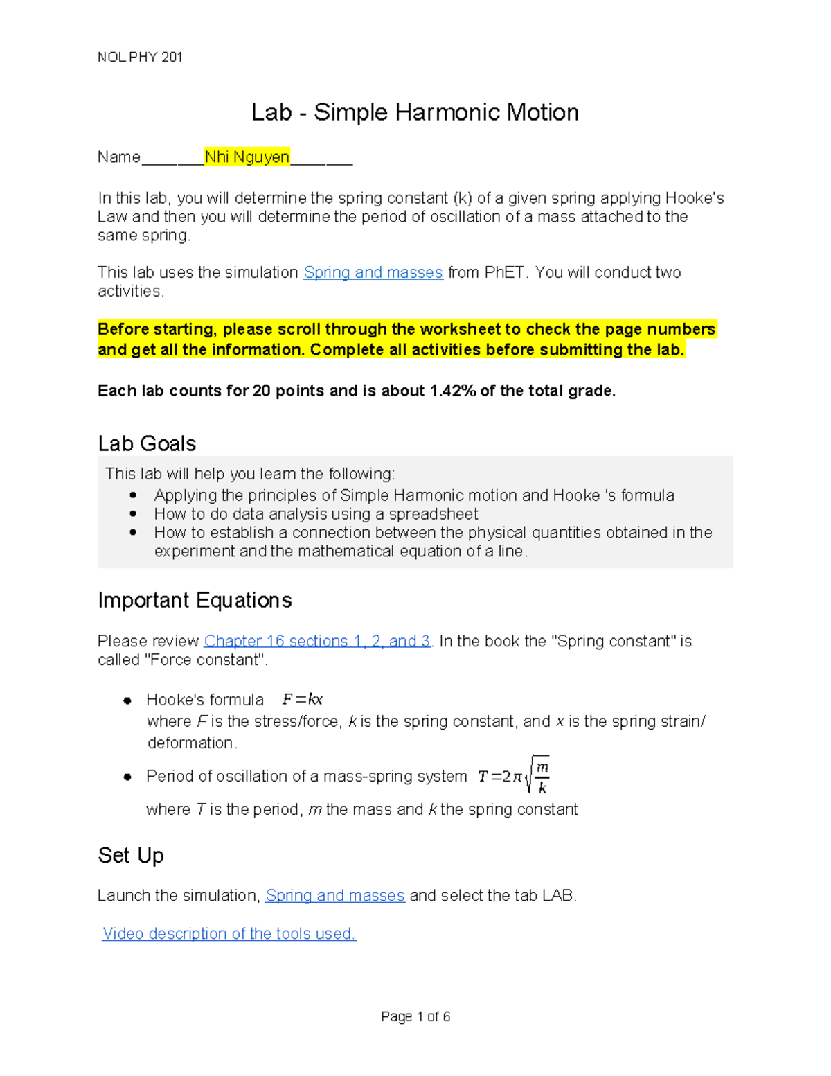 Module 15 Lab 12: Exploring Simple Harmonic Motion & Hooke's Law - Studocu