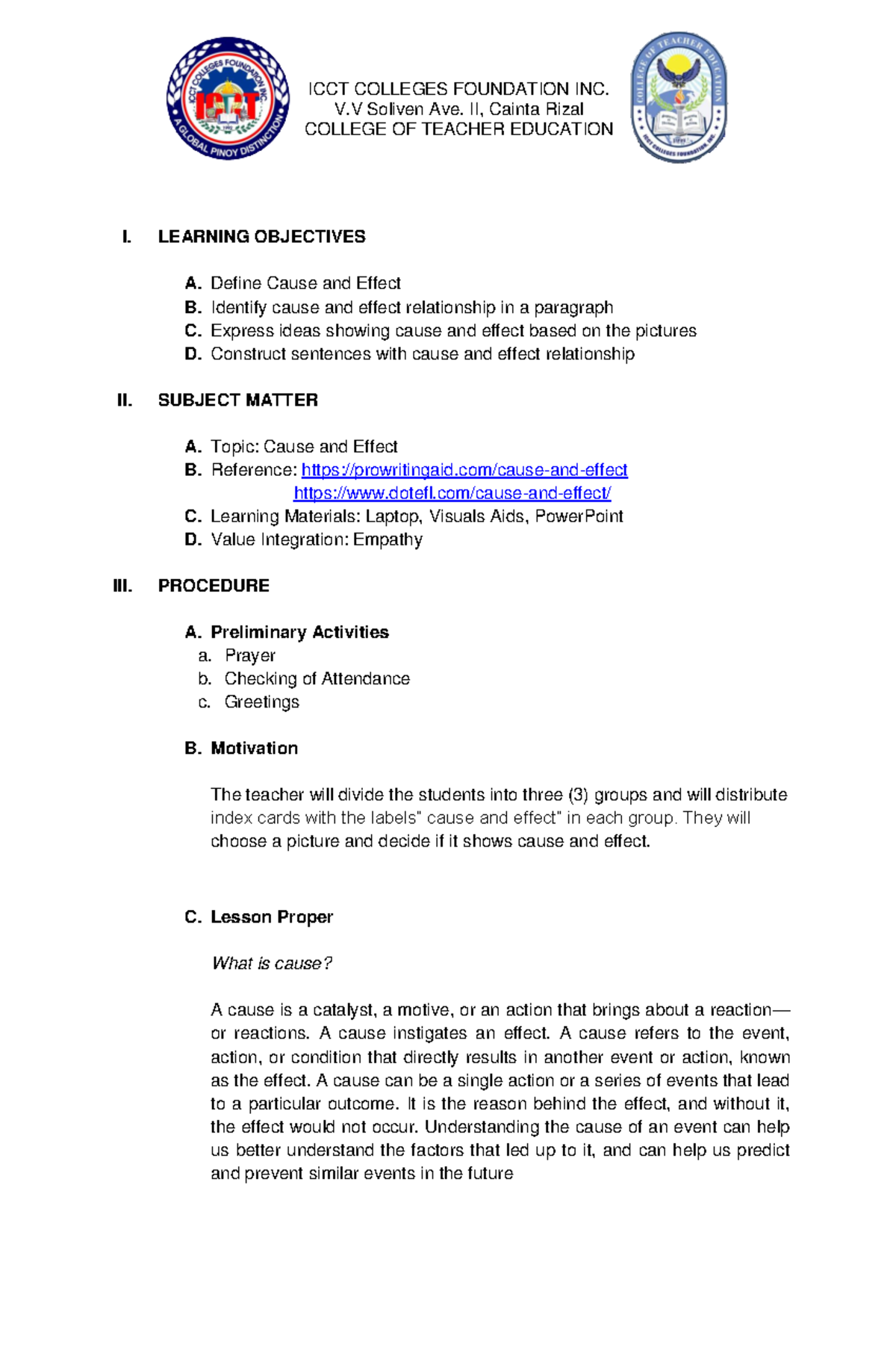 4'As Lesson Plan on Cause and Effect - Final Version - Studocu