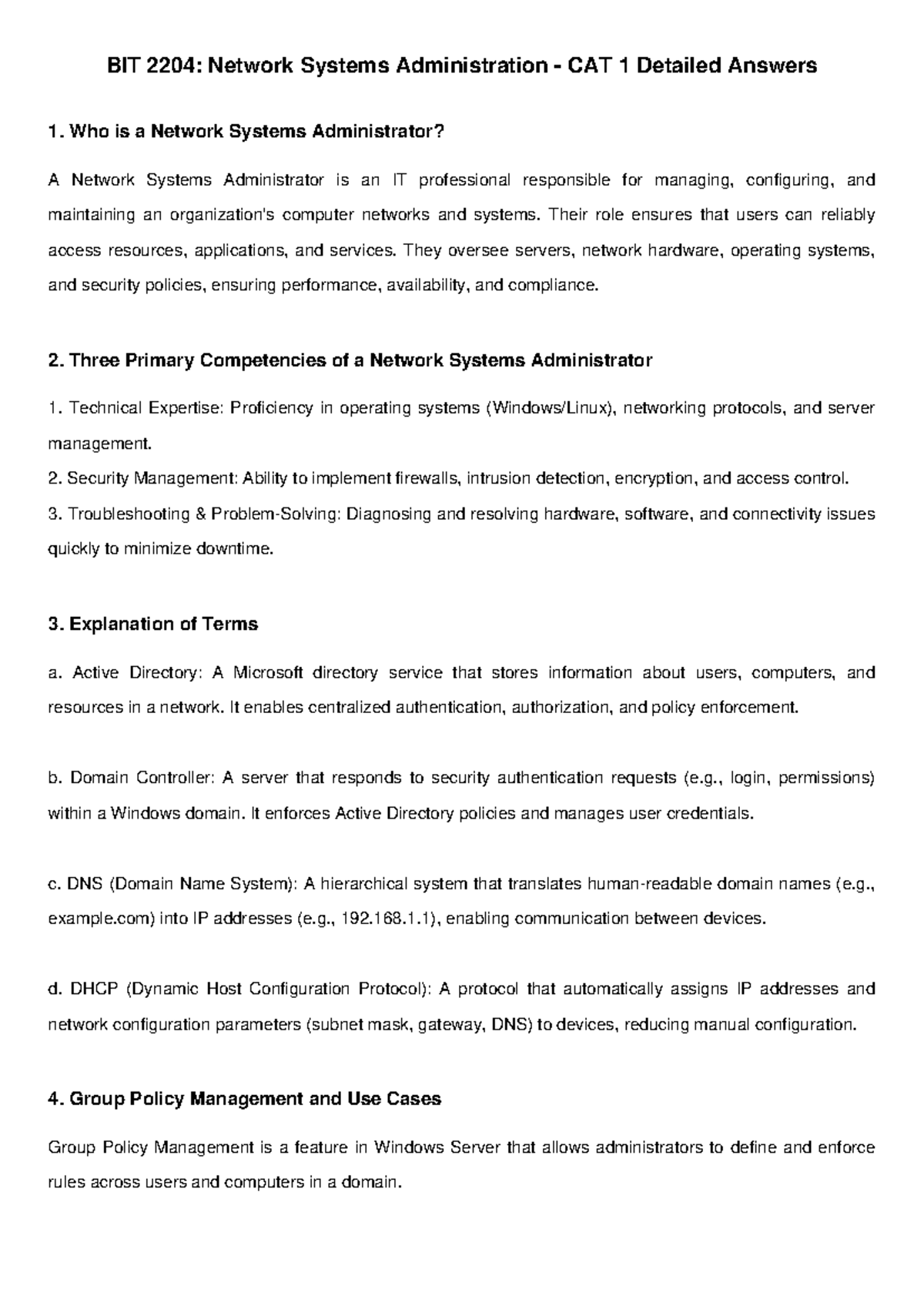 BIT 2204: Network Systems Administration CAT 1 Comprehensive Answers ...