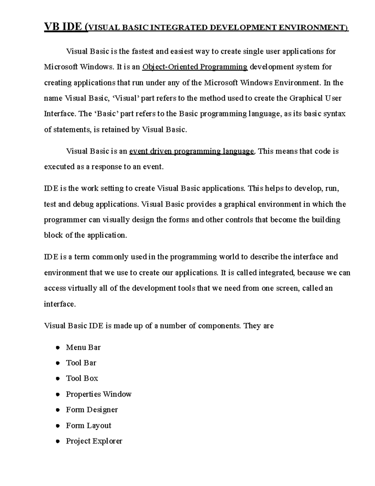 Visual Basic Integrated Development Environment FOR BCA - VB IDE ...