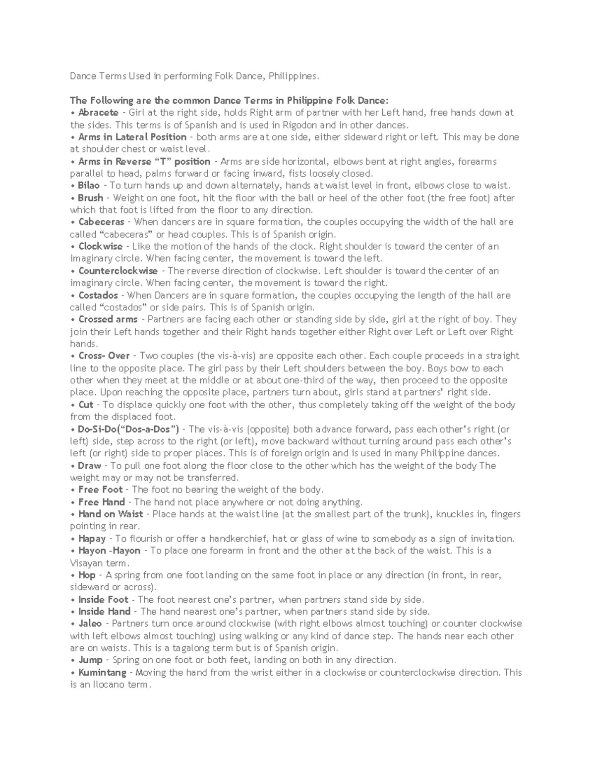 Dance Terminology for Philippine Folk Dance (FOLK 101) - Studocu