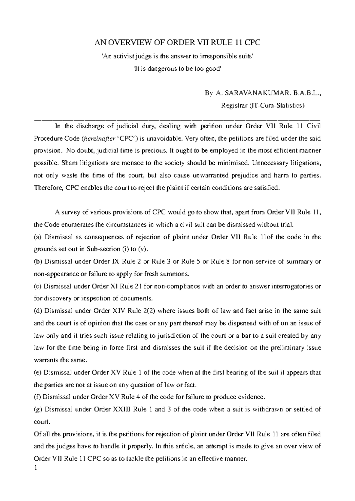 Order VII Rule 11 CPC: An In-Depth Analysis of Judicial Rejection ...