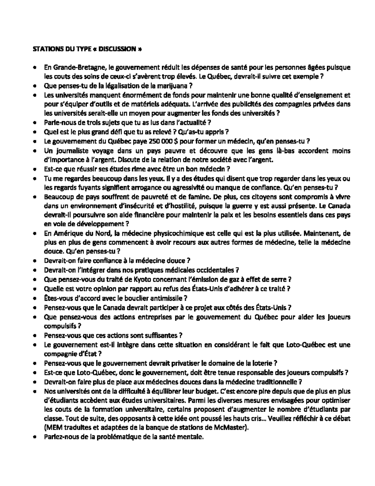 Questions et Débats pour le MEM: Stations de Discussion et de Rôle ...