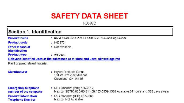 SAFETY DATA SHEET: PRO PROFESSIONAL Galvanizing Primer K05872 - Studocu