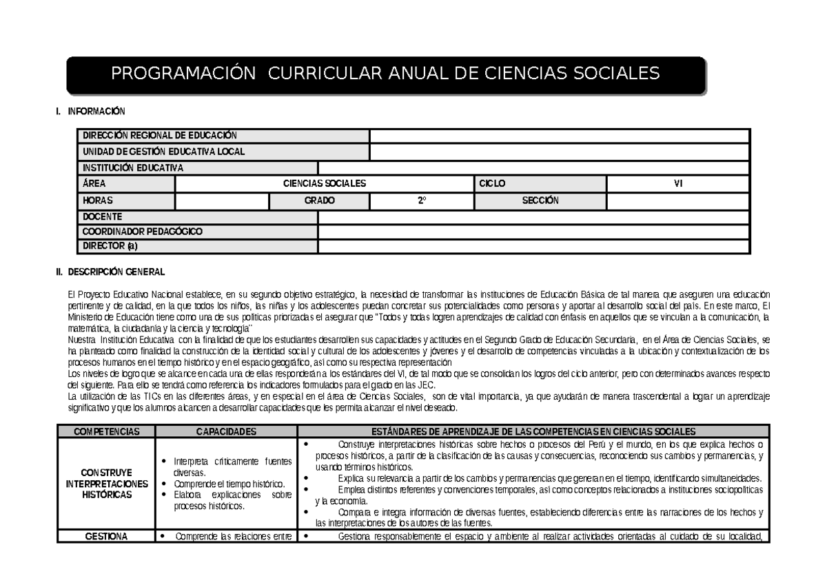 PROGRAMACIÓN CURRICULAR ANUAL DE CIENCIAS SOCIALES I - CICLO VI - Studocu