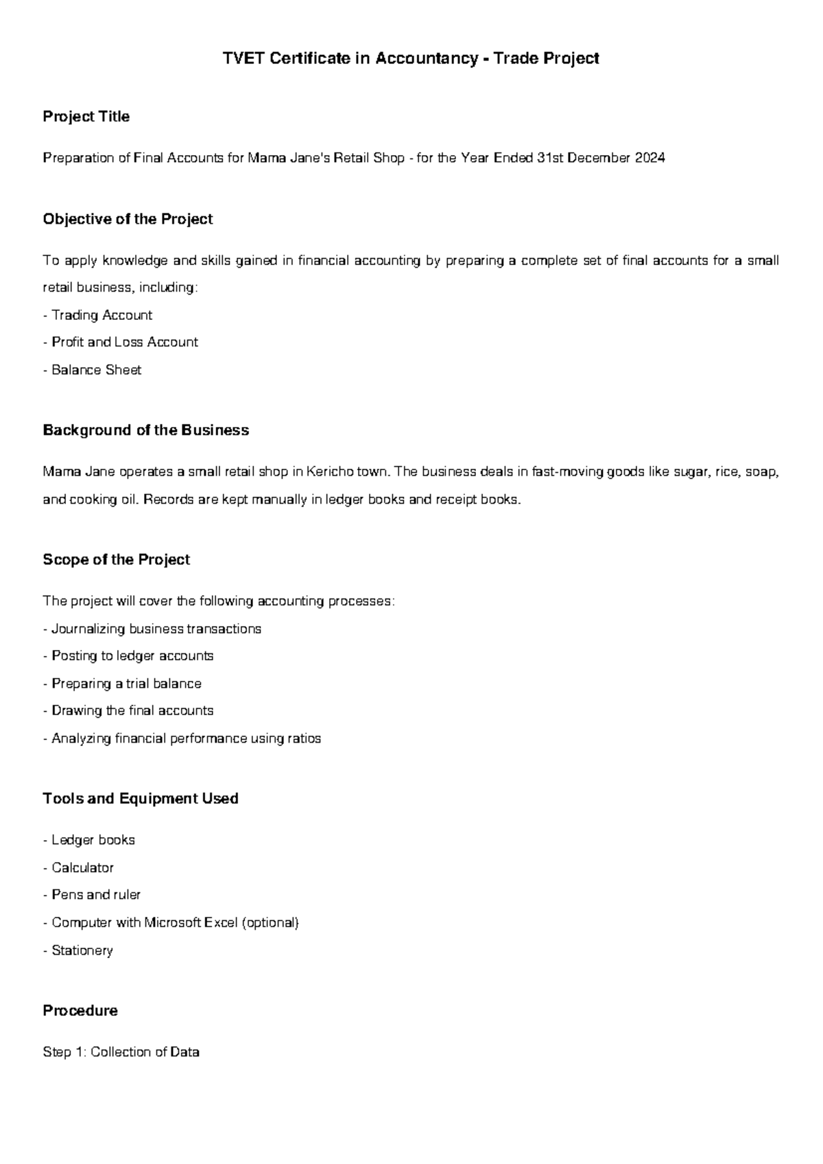 TVET Certificate in Accountancy Trade Project: Final Accounts for Mama ...