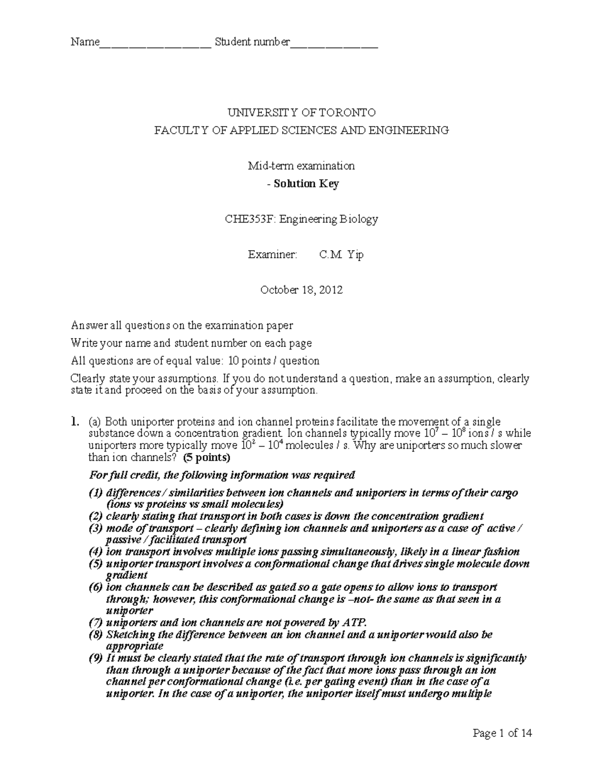 CHE353F: Engineering Biology Midterm Exam Solution Key (2012) - Studocu