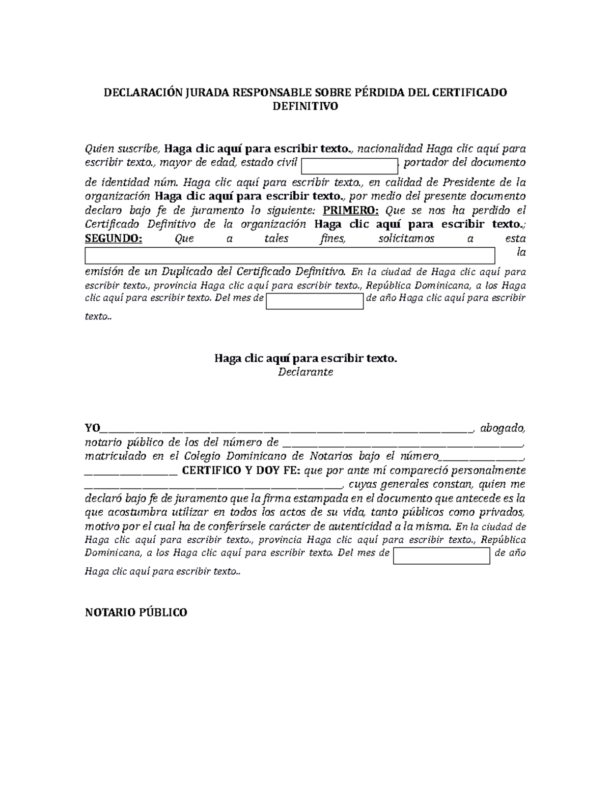Modelo Declaración Jurada Responsable Pérdida Certificado Definitivo 2 - DECLARACIÓN JURADA ...