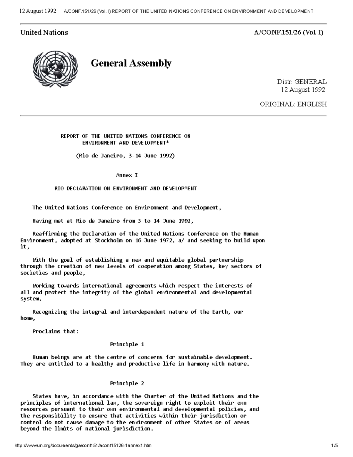 Rio Declaration on Environment and Development (UN Conference, 1992 ...