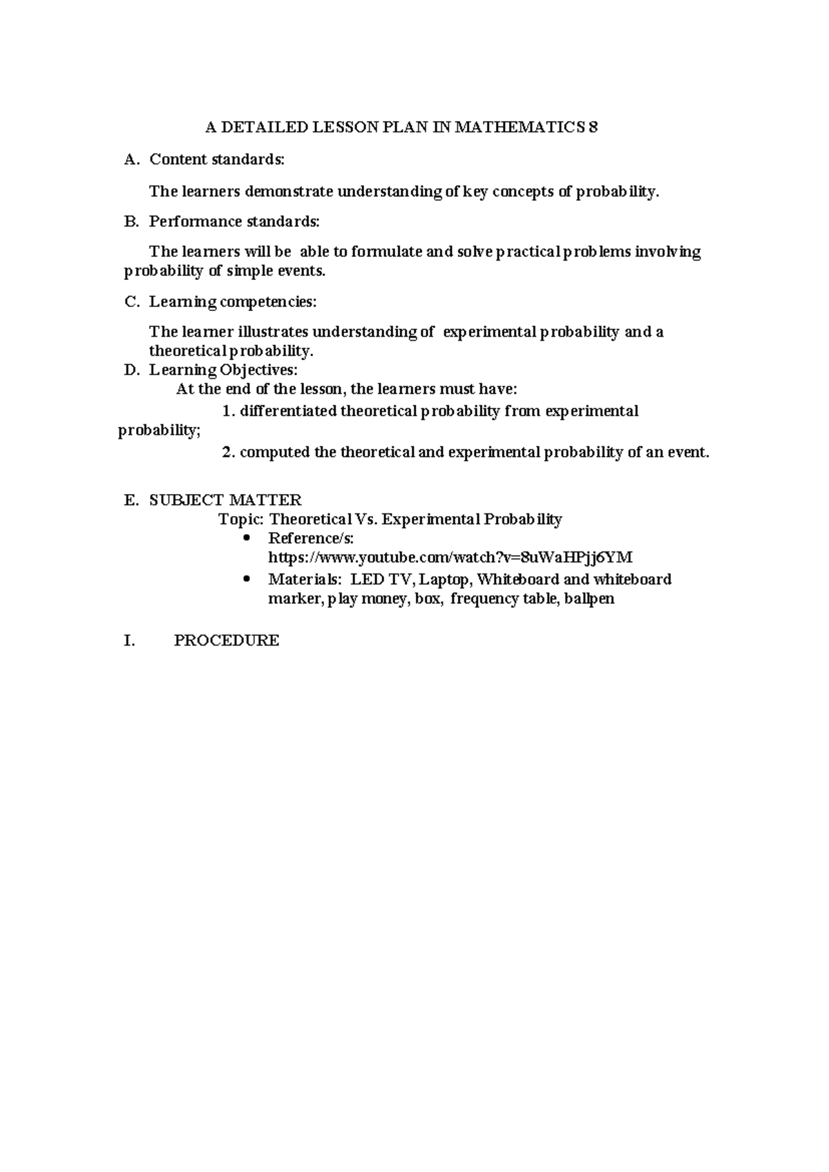MATH 8: Detailed Lesson Plan on Experimental vs. Theoretical Probability - Studocu