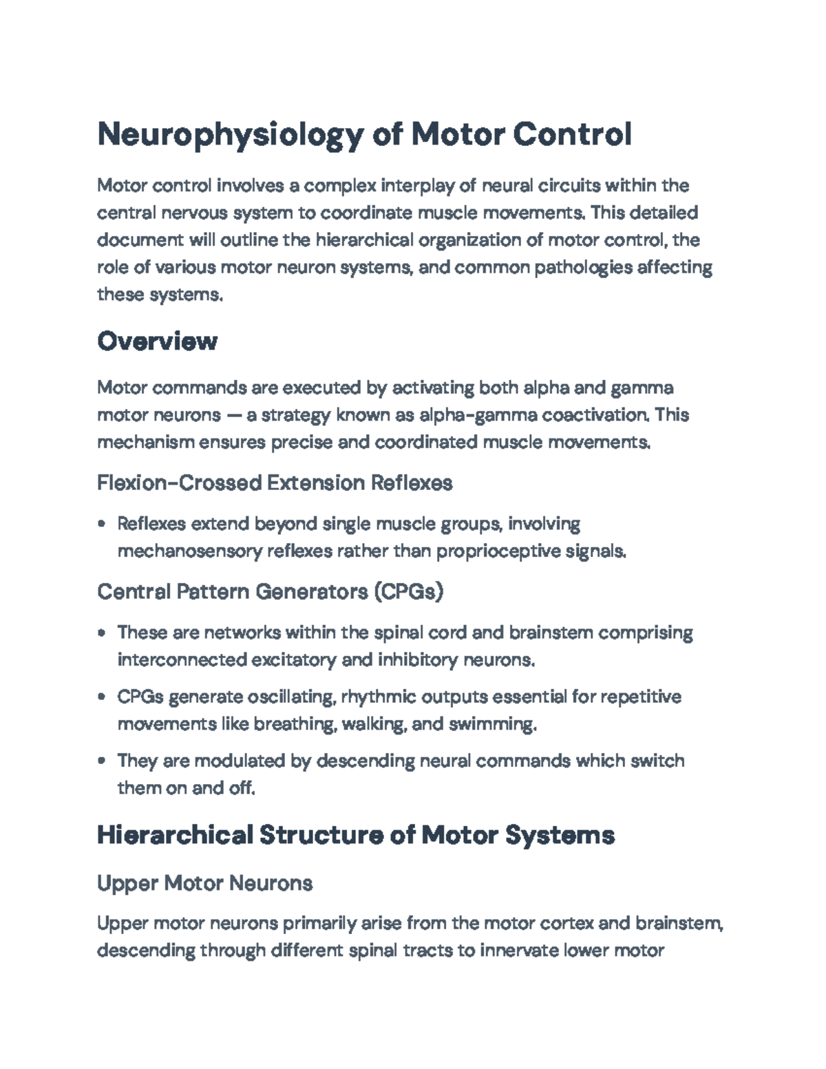 Neurophysiology of Motor Control: Hierarchical Mechanisms & Pathologies ...